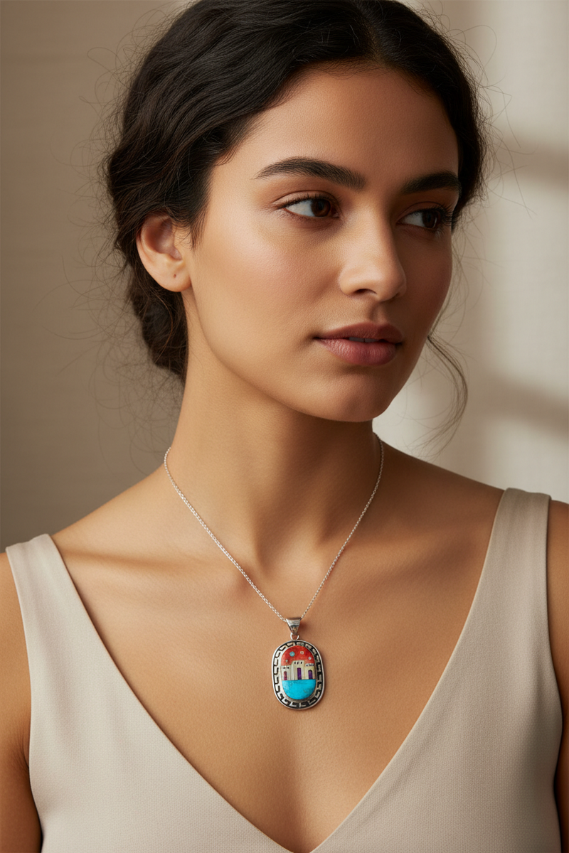 SS Turq. Coral Inlay Pendant — Moon and Filigree