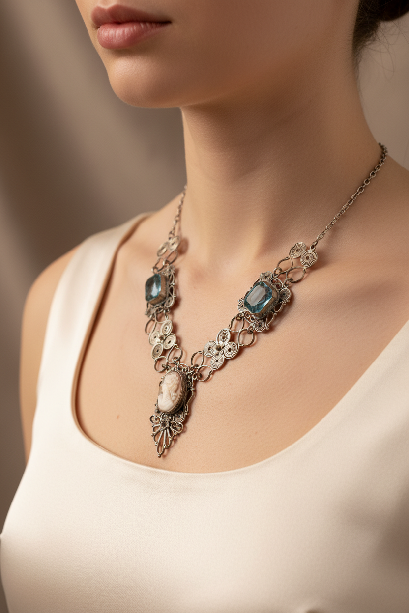 Blue Stone with Cameo Necklace — Moon and Filigree
