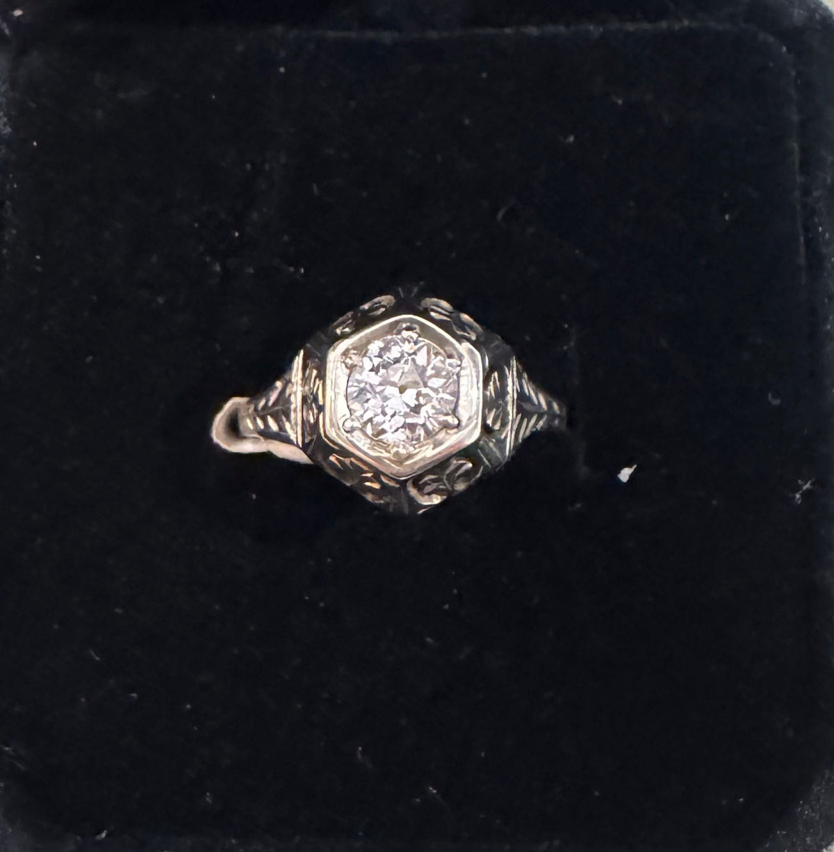18KW Deco Filigree .51 ct Old Mine Cut (OMC) Ring — Moon and Filigree